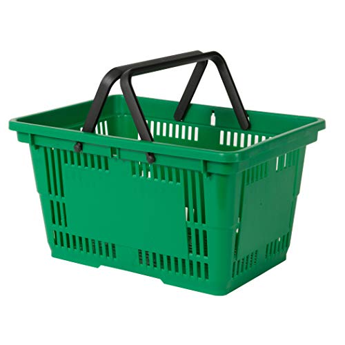 Green Shopping Baskets, 5.25 Gallon Capacity, Stackable, Shatter Resistant Plastic, With Handles, Pack Of 12 (Green)