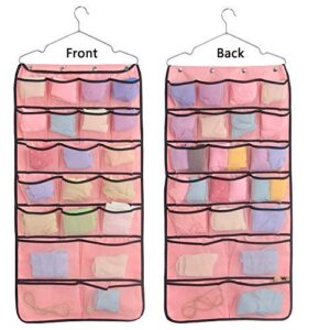 spikg dual-sided hanging closet organizer for underwear, stocking,bra and sock,mesh pockets with metal hanger (42 pockets pink)