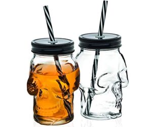 skull mason jar mug glass tumbler glass cups with cover and straw, halloween decor, drinking glasses - 16oz, set of 2