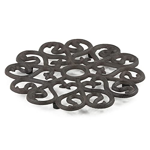 gasaré, Trivet for Hot Dishes, Pots and Pans, Metal Trivet, Victorian Design, Cast Iron, Rubber Feet Caps, Ring Hanger, 8 Inches, Brown Finish, 1 Unit