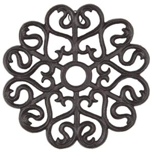 gasaré, trivet for hot dishes, pots and pans, metal trivet, victorian design, cast iron, rubber feet caps, ring hanger, 8 inches, brown finish, 1 unit