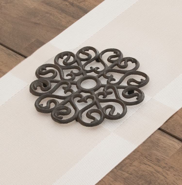 gasaré, Trivet for Hot Dishes, Pots and Pans, Metal Trivet, Victorian Design, Cast Iron, Rubber Feet Caps, Ring Hanger, 8 Inches, Brown Finish, 1 Unit