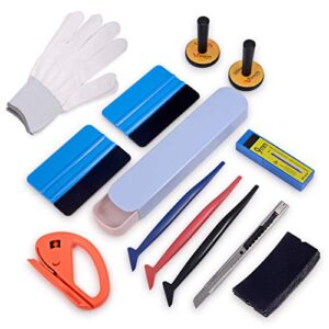 auto window tint film tool kits include vinyl wrap felt squeegees with spare fabric felts, micro squeegees, vinyl graphic magnet holders, gloves, cutter knife, utility knife and blades