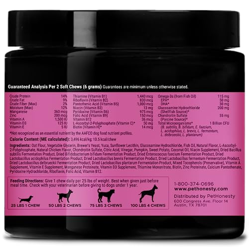 Pet Honesty 10 in 1 Dog Multivitamin - Fish Oil for Dogs, Dog Vitamins and Supplements - Glucosamine for Dogs, Probiotics, Omega Fish Oil - Dogs Health & Heart - Dog Skin and Coat Supplement (90 ct)