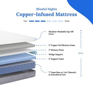 Blissful Nights e3 Split King Adjustable Bed Frames and 12 Inch Copper Gel Infused Cool Memory Foam Mattress Medium Firm Feel CertiPUR-US Certified (Split King)