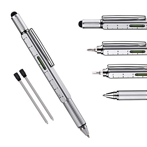 Useful Gadgets Business Gift for men, 6 in 1 Sliver tool pen with Ruler, Level gauge, Ballpoint Pen, Stylus and 2 Screw Drivers, Multifunction Tool Pen Fit for Engineers and Technicians in Gift Box