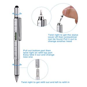 Useful Gadgets Business Gift for men, 6 in 1 Sliver tool pen with Ruler, Level gauge, Ballpoint Pen, Stylus and 2 Screw Drivers, Multifunction Tool Pen Fit for Engineers and Technicians in Gift Box