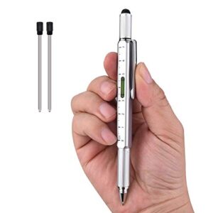 Useful Gadgets Business Gift for men, 6 in 1 Sliver tool pen with Ruler, Level gauge, Ballpoint Pen, Stylus and 2 Screw Drivers, Multifunction Tool Pen Fit for Engineers and Technicians in Gift Box