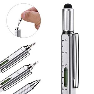 Useful Gadgets Business Gift for men, 6 in 1 Sliver tool pen with Ruler, Level gauge, Ballpoint Pen, Stylus and 2 Screw Drivers, Multifunction Tool Pen Fit for Engineers and Technicians in Gift Box