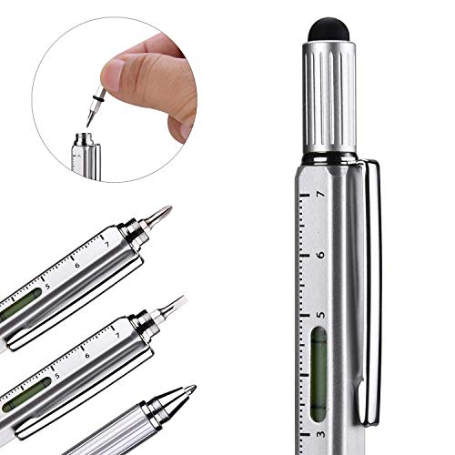 Useful Gadgets Business Gift for men, 6 in 1 Sliver tool pen with Ruler, Level gauge, Ballpoint Pen, Stylus and 2 Screw Drivers, Multifunction Tool Pen Fit for Engineers and Technicians in Gift Box