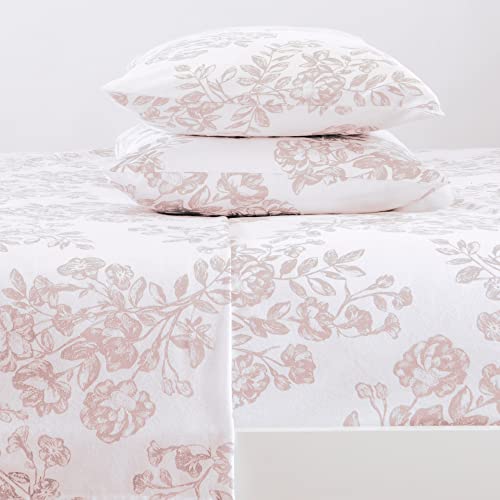 Great Bay Home Bed Linen Set, 4 Piece, Turkish Cotton Queen Flannel Sheets Set, Floral Sheets, Deep Pocket, Soft Sheets, Double Brushed Sheets, Pre-Shrunk & Anti-Pill Flannel Sheets, Toile-Blush Pink