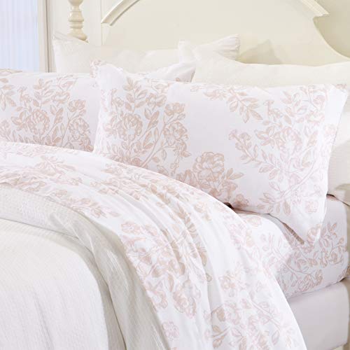 Great Bay Home Bed Linen Set, 4 Piece, Turkish Cotton Queen Flannel Sheets Set, Floral Sheets, Deep Pocket, Soft Sheets, Double Brushed Sheets, Pre-Shrunk & Anti-Pill Flannel Sheets, Toile-Blush Pink