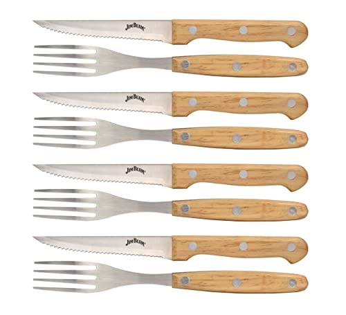 Jim Beam Set of 8 Ideal, Chicken, Pork and More-Steak Knives and Forks Made of Stainless Steel Blade and Contoure, Medium, Light Brown, JB0208