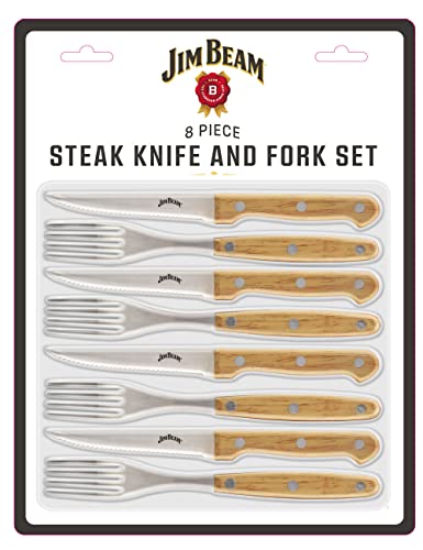 Jim Beam Set of 8 Ideal, Chicken, Pork and More-Steak Knives and Forks Made of Stainless Steel Blade and Contoure, Medium, Light Brown, JB0208