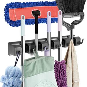 alpine mop and broom holder wall mount – durable holders for garden tools broom rake gripper with 5 slots & 6 hooks - a home organization must haves