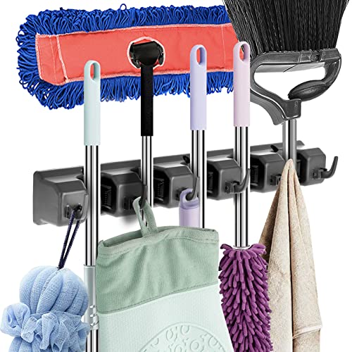 Alpine Mop And Broom Holder Wall Mount – Durable Holders For Garden Tools Broom Rake Gripper With 5 Slots & 6 Hooks - A Home Organization Must Haves