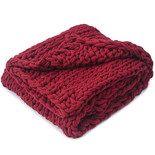 Cheer Collection Chunky Cable Knit Throw Blanket for Couch, Sofa, Bedroom and Living Room - Extra Soft and Cozy Decorative Throws - 50" x 60", Burgundy