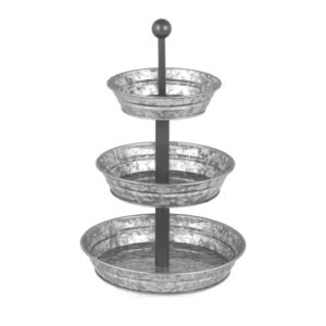 hallops 3 tier serving tray - galvanized, rustic metal stand. dessert, cupcake, fruit & party three tiered platter. country farmhouse vintage decor for the kitchen, home, farm & outdoor