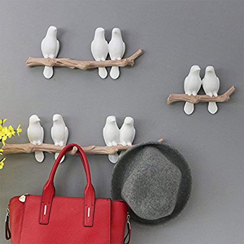 Sweet FanMuLin Birds On Tree Branch Decor Wall Mounted Coat Rack with Hooks for Coats, Hats, Keys, Towels (4 Birds)