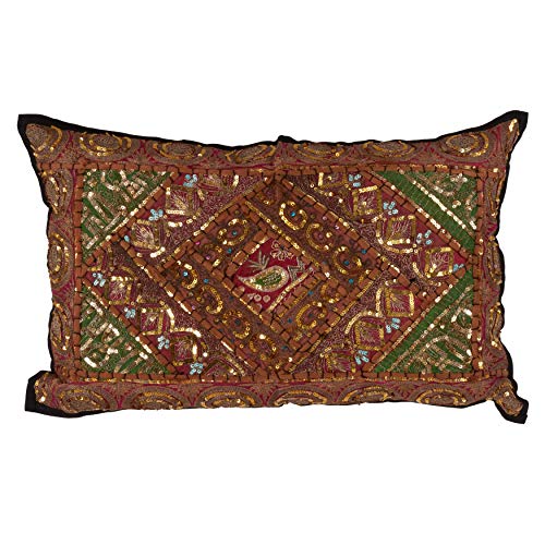 SARO LIFESTYLE Collection Cotton Handmade Sari Sitara Pillow with Down Filling, 14" x 22", Multi