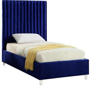 meridian furniture candace collection modern | contemporary velvet upholstered bed with deep channel tufting and custom acrylic legs, navy, twin