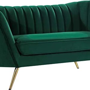 Meridian Furniture Margo Collection Modern | Contemporary Velvet Upholstered Loveseat with Deep Channel Tufting and Rich Gold Stainless Steel Legs, Green, 65" W x 30" D x 33" H