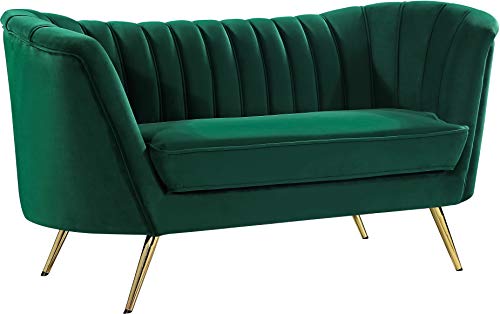 Meridian Furniture Margo Collection Modern | Contemporary Velvet Upholstered Loveseat with Deep Channel Tufting and Rich Gold Stainless Steel Legs, Green, 65" W x 30" D x 33" H