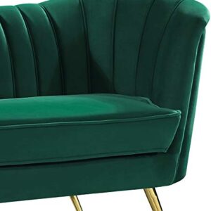 Meridian Furniture Margo Collection Modern | Contemporary Velvet Upholstered Loveseat with Deep Channel Tufting and Rich Gold Stainless Steel Legs, Green, 65" W x 30" D x 33" H