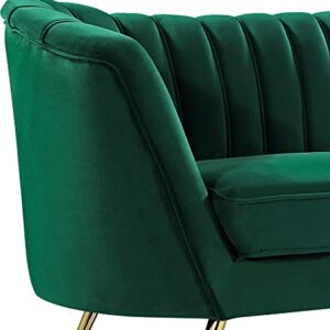 Meridian Furniture Margo Collection Modern | Contemporary Velvet Upholstered Loveseat with Deep Channel Tufting and Rich Gold Stainless Steel Legs, Green, 65" W x 30" D x 33" H