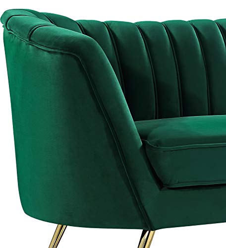 Meridian Furniture Margo Collection Modern | Contemporary Velvet Upholstered Loveseat with Deep Channel Tufting and Rich Gold Stainless Steel Legs, Green, 65" W x 30" D x 33" H