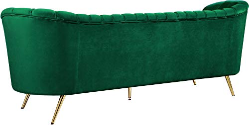 Meridian Furniture Margo Collection Modern | Contemporary Velvet Upholstered Loveseat with Deep Channel Tufting and Rich Gold Stainless Steel Legs, Green, 65" W x 30" D x 33" H