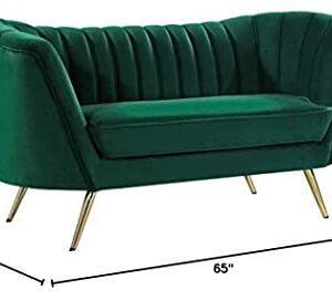 Meridian Furniture Margo Collection Modern | Contemporary Velvet Upholstered Loveseat with Deep Channel Tufting and Rich Gold Stainless Steel Legs, Green, 65" W x 30" D x 33" H