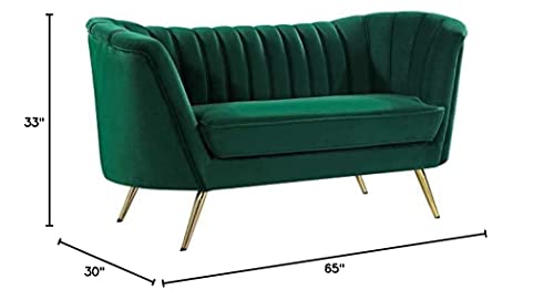 Meridian Furniture Margo Collection Modern | Contemporary Velvet Upholstered Loveseat with Deep Channel Tufting and Rich Gold Stainless Steel Legs, Green, 65" W x 30" D x 33" H