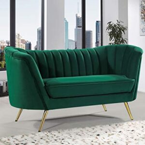 Meridian Furniture Margo Collection Modern | Contemporary Velvet Upholstered Loveseat with Deep Channel Tufting and Rich Gold Stainless Steel Legs, Green, 65" W x 30" D x 33" H