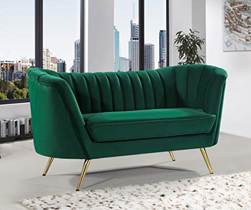 Meridian Furniture Margo Collection Modern | Contemporary Velvet Upholstered Loveseat with Deep Channel Tufting and Rich Gold Stainless Steel Legs, Green, 65" W x 30" D x 33" H