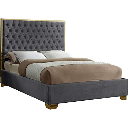 Meridian Furniture Lana Collection Modern | Contemporary Velvet Upholstered Bed with Deep Detailed Tufting and Gold Legs, Queen, Grey