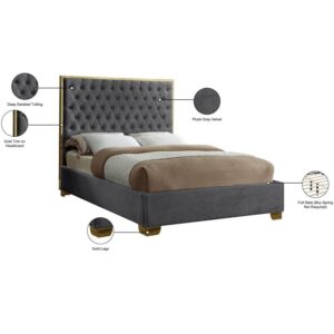 Meridian Furniture Lana Collection Modern | Contemporary Velvet Upholstered Bed with Deep Detailed Tufting and Gold Legs, Queen, Grey