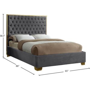 Meridian Furniture Lana Collection Modern | Contemporary Velvet Upholstered Bed with Deep Detailed Tufting and Gold Legs, Queen, Grey