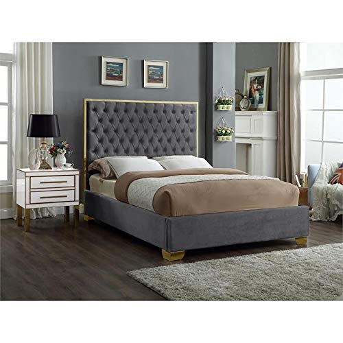 Meridian Furniture Lana Collection Modern | Contemporary Velvet Upholstered Bed with Deep Detailed Tufting and Gold Legs, Queen, Grey