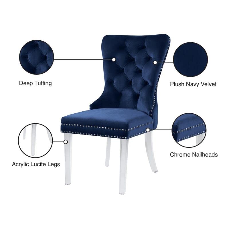 Meridian Furniture Miley Collection Modern | Contemporary Velvet Upholstered Dining Chair with Deep Button Tufting and Sturdy Acrylic Lucite Legs, Set of 2, Navy, 21.5" W x 27" D x 40" H, Blue