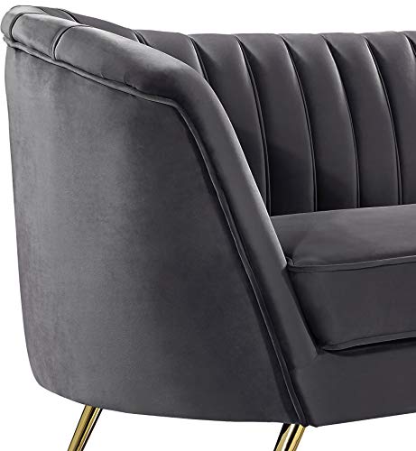 Meridian Furniture Margo Collection Modern | Contemporary Velvet Upholstered Loveseat with Deep Channel Tufting and Rich Gold Stainless Steel Legs, Grey, 65" W x 30" D x 33" H