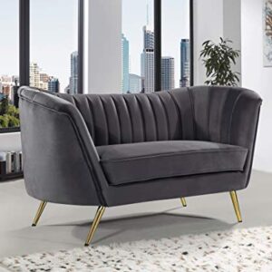 Meridian Furniture Margo Collection Modern | Contemporary Velvet Upholstered Loveseat with Deep Channel Tufting and Rich Gold Stainless Steel Legs, Grey, 65" W x 30" D x 33" H