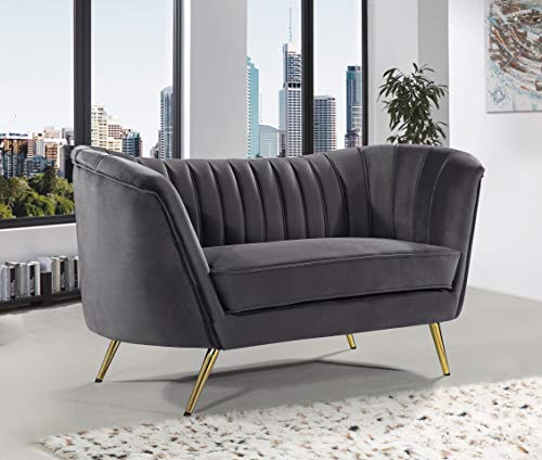 Meridian Furniture Margo Collection Modern | Contemporary Velvet Upholstered Loveseat with Deep Channel Tufting and Rich Gold Stainless Steel Legs, Grey, 65" W x 30" D x 33" H