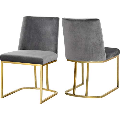 Meridian Furniture Heidi Collection Modern | Contemporary Velvet Upholstered Dining Chair with Polished Gold Metal Frame, Set of 2, 19" W x 23" D x 32" H, Grey