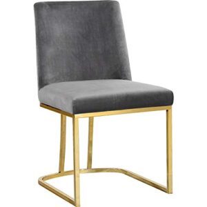 Meridian Furniture Heidi Collection Modern | Contemporary Velvet Upholstered Dining Chair with Polished Gold Metal Frame, Set of 2, 19" W x 23" D x 32" H, Grey