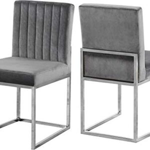 Meridian Furniture Giselle Collection Modern | Contemporary Velvet Upholstered Dining Chair with Durable Metal Base, Set of 2, 18" W x 22" D x 32" H, Grey