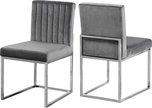 Meridian Furniture Giselle Collection Modern | Contemporary Velvet Upholstered Dining Chair with Durable Metal Base, Set of 2, 18" W x 22" D x 32" H, Grey