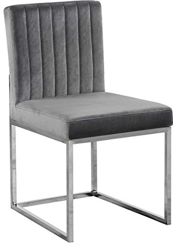 Meridian Furniture Giselle Collection Modern | Contemporary Velvet Upholstered Dining Chair with Durable Metal Base, Set of 2, 18" W x 22" D x 32" H, Grey