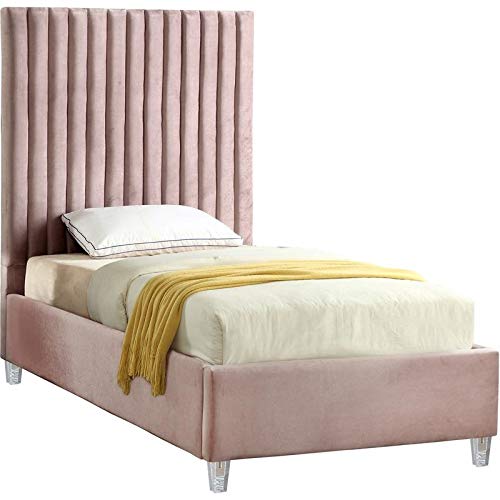 Meridian Furniture Candace Collection Modern | Contemporary Velvet Upholstered Bed with Deep Channel Tufting and Custom Acrylic Legs, Pink, Twin