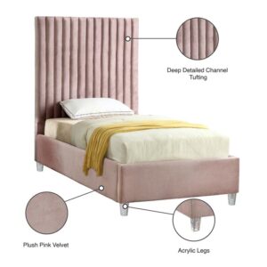 Meridian Furniture Candace Collection Modern | Contemporary Velvet Upholstered Bed with Deep Channel Tufting and Custom Acrylic Legs, Pink, Twin